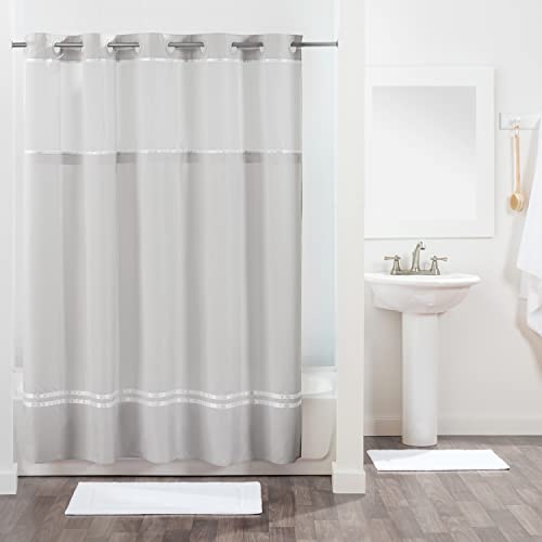 Hookless Monterey Fabric Shower Curtain Set with PEVA Snap-in Liner and Window, No Hooks Required, 71 x 74, Grey/White Color