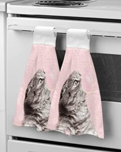 cat hanging hand towels 2pcs super absorbent quick dry hand towel bathroom towels durable kitchen oven towel dish cloth christmas decor 18"x14", funny animal creative cat blowing bubble pink