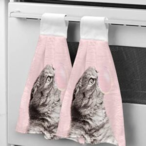 Cat Hanging Hand Towels 2Pcs Super Absorbent Quick Dry Hand Towel Bathroom Towels Durable Kitchen Oven Towel Dish Cloth Christmas Decor 18"x14", Funny Animal Creative Cat Blowing Bubble Pink