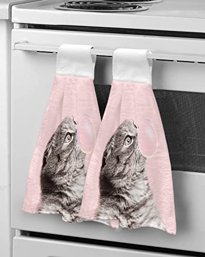 Cat Hanging Hand Towels 2Pcs Super Absorbent Quick Dry Hand Towel Bathroom Towels Durable Kitchen Oven Towel Dish Cloth Christmas Decor 18"x14", Funny Animal Creative Cat Blowing Bubble Pink