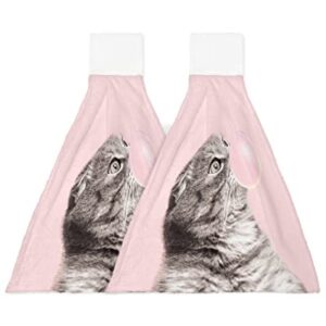 Cat Hanging Hand Towels 2Pcs Super Absorbent Quick Dry Hand Towel Bathroom Towels Durable Kitchen Oven Towel Dish Cloth Christmas Decor 18"x14", Funny Animal Creative Cat Blowing Bubble Pink