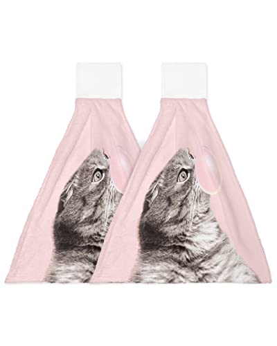 Cat Hanging Hand Towels 2Pcs Super Absorbent Quick Dry Hand Towel Bathroom Towels Durable Kitchen Oven Towel Dish Cloth Christmas Decor 18"x14", Funny Animal Creative Cat Blowing Bubble Pink