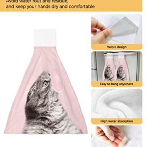 Cat Hanging Hand Towels 2Pcs Super Absorbent Quick Dry Hand Towel Bathroom Towels Durable Kitchen Oven Towel Dish Cloth Christmas Decor 18"x14", Funny Animal Creative Cat Blowing Bubble Pink