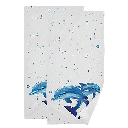 Oreayn Cute Dolphins Bubbles Hand Towel for Bathroom Kitchen Beach Polyester Cotton Set of 2 Cute Dolphins Fingertip Towel Soft Absorbent 28.3 x 14.4 Inch Watercolor