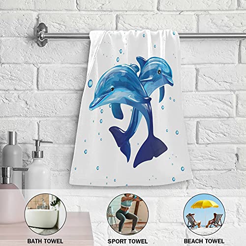 Oreayn Cute Dolphins Bubbles Hand Towel for Bathroom Kitchen Beach Polyester Cotton Set of 2 Cute Dolphins Fingertip Towel Soft Absorbent 28.3 x 14.4 Inch Watercolor