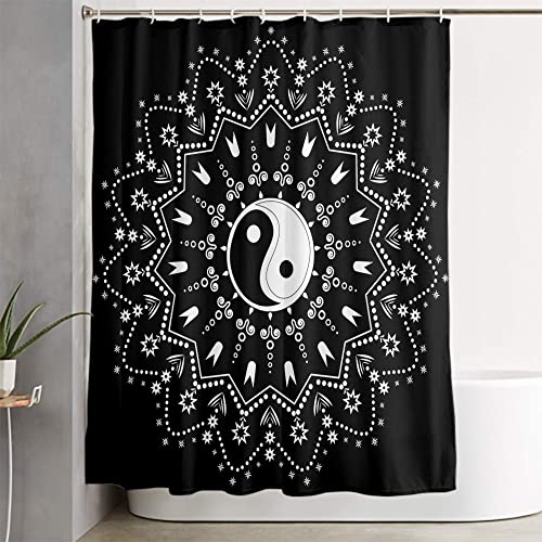 HODKHNO Yin Yang Mandala Shower Curtains Sets with Non-Slip Rugs, Toilet Lid Cover and Bath Mat Waterproof Bathroom Decor 4Pcs Set (72 x 72In)