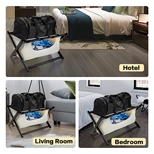 Luggage Rack Pack of 4, with Detachable Laundry Bag, Premium Texture Solid Wood Luggage Rack for Guest Room, Nylon with Foldable Suitcase Rack for Max 200LBS Load, Dirty Clothes Storage, Suitable for Hotel Rooms