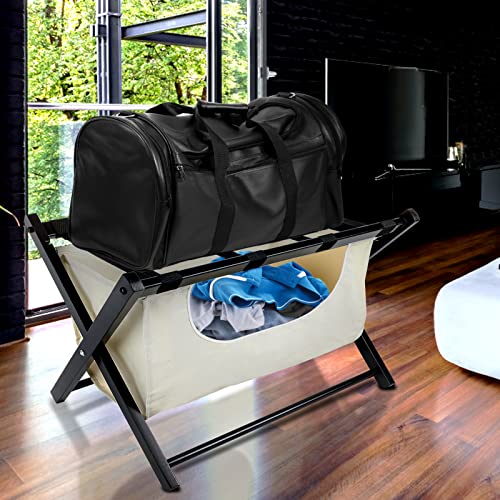 Luggage Rack Pack of 4, with Detachable Laundry Bag, Premium Texture Solid Wood Luggage Rack for Guest Room, Nylon with Foldable Suitcase Rack for Max 200LBS Load, Dirty Clothes Storage, Suitable for Hotel Rooms