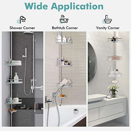 Tangkula 60"-108" Adjustable Shower Caddy Tension Pole, 4 Tier Drill Free Organizer w/3 Removable Baskets & 1 Soak Tray, Rustproof Aluminum Corner Shower Storage Rack (Silver)