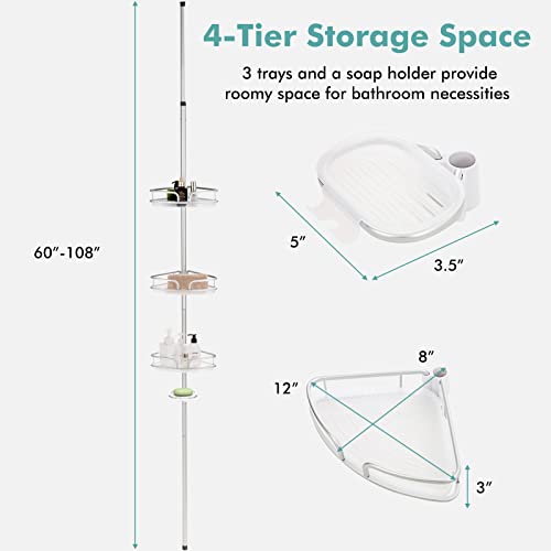 Tangkula 60"-108" Adjustable Shower Caddy Tension Pole, 4 Tier Drill Free Organizer w/3 Removable Baskets & 1 Soak Tray, Rustproof Aluminum Corner Shower Storage Rack (Silver)