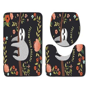 3 pcs bathroom rugs+lid toilet cover+bath mat set, follow your dreams sloth pattern non slip flannel carpets for home bedroom bathroom decor (large)