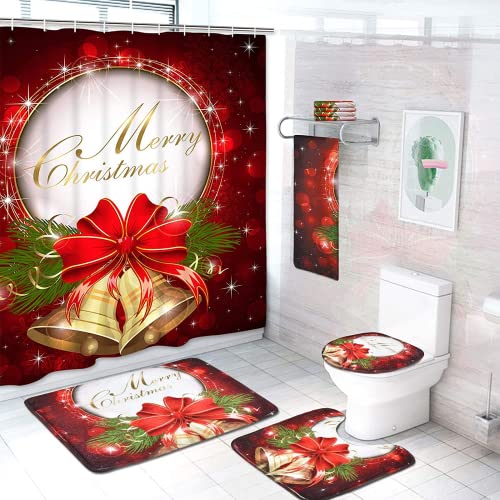 7 Piece Merry Christmas Shower Curtain Sets with Rugs and Towels, Include Non-Slip Rugs, Toilet Lid Cover, Bath Towel and Mat, Red Bell Bow Shower Curtain with 12 Hooks for Christmas Decoration