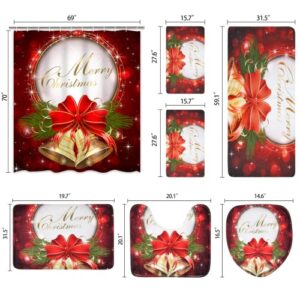 7 Piece Merry Christmas Shower Curtain Sets with Rugs and Towels, Include Non-Slip Rugs, Toilet Lid Cover, Bath Towel and Mat, Red Bell Bow Shower Curtain with 12 Hooks for Christmas Decoration