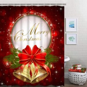 7 Piece Merry Christmas Shower Curtain Sets with Rugs and Towels, Include Non-Slip Rugs, Toilet Lid Cover, Bath Towel and Mat, Red Bell Bow Shower Curtain with 12 Hooks for Christmas Decoration