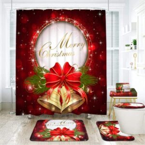 7 Piece Merry Christmas Shower Curtain Sets with Rugs and Towels, Include Non-Slip Rugs, Toilet Lid Cover, Bath Towel and Mat, Red Bell Bow Shower Curtain with 12 Hooks for Christmas Decoration