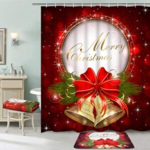 7 Piece Merry Christmas Shower Curtain Sets with Rugs and Towels, Include Non-Slip Rugs, Toilet Lid Cover, Bath Towel and Mat, Red Bell Bow Shower Curtain with 12 Hooks for Christmas Decoration