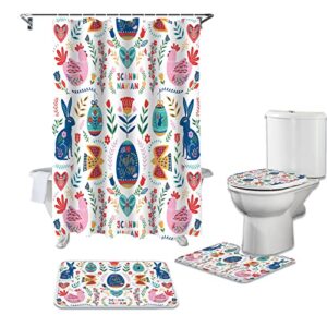 housein 4 pcs boho shower curtain set 36 x 72 inch, bathroom set accessory toiled set cover and absorbent non skid floor mat with abstract shower curtain with 12 hooks for bathroom