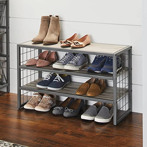 DCLINA Better Homes & Gardens 4 Tier Shoe Rack with Gunmetal Grey Wood and Metal Frame, up to 12 Pair of Shoes