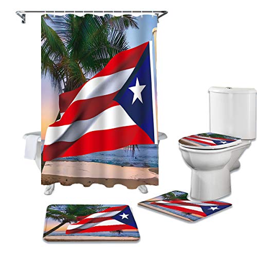 4 Piece Shower Curtain Sets with Non-Slip Rugs, Coastal Ocean Beach Palm Tree Bathroom Curtains Waterproof, Puerto Rico Flag Decor Doormat, Toilet Lid Cover and Bath Mat