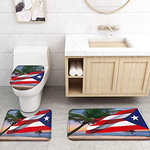 4 Piece Shower Curtain Sets with Non-Slip Rugs, Coastal Ocean Beach Palm Tree Bathroom Curtains Waterproof, Puerto Rico Flag Decor Doormat, Toilet Lid Cover and Bath Mat