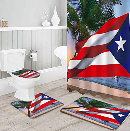 4 Piece Shower Curtain Sets with Non-Slip Rugs, Coastal Ocean Beach Palm Tree Bathroom Curtains Waterproof, Puerto Rico Flag Decor Doormat, Toilet Lid Cover and Bath Mat