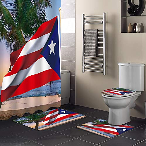 4 Piece Shower Curtain Sets with Non-Slip Rugs, Coastal Ocean Beach Palm Tree Bathroom Curtains Waterproof, Puerto Rico Flag Decor Doormat, Toilet Lid Cover and Bath Mat