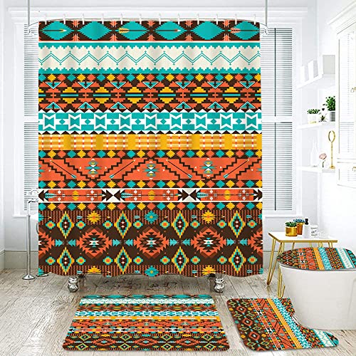 DONMYER 4 Pcs Shower Curtain Sets with Rugs,Aztec Southwest Native American Tribal Navajo Indian Ethnic Geometric Boho Striped Art,Shower Curtain Sets with 12 Hooks Shower Curtain for Bathroom Set