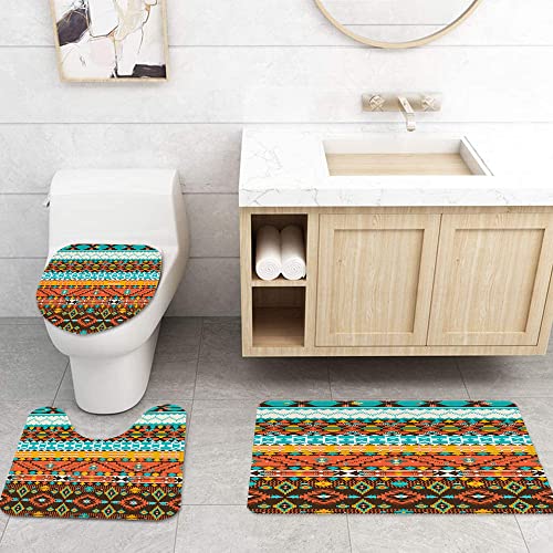 DONMYER 4 Pcs Shower Curtain Sets with Rugs,Aztec Southwest Native American Tribal Navajo Indian Ethnic Geometric Boho Striped Art,Shower Curtain Sets with 12 Hooks Shower Curtain for Bathroom Set