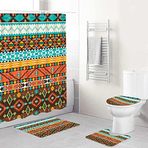 DONMYER 4 Pcs Shower Curtain Sets with Rugs,Aztec Southwest Native American Tribal Navajo Indian Ethnic Geometric Boho Striped Art,Shower Curtain Sets with 12 Hooks Shower Curtain for Bathroom Set