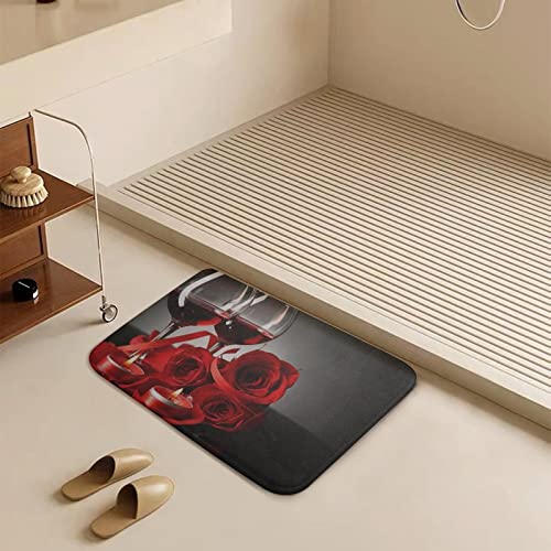 Coral Velvet Bath Rugs Non Slip Shower Mat for Bathroom Absorbent Kitchen Floor Carpet,1 PCS,Red Wine Glasses Red Rose Heart White 19.7x31.5 Inch