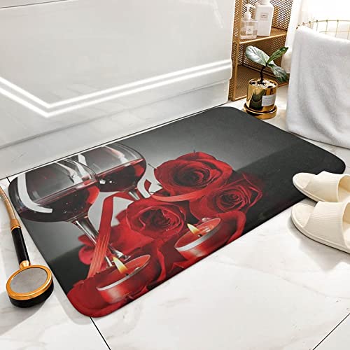 Coral Velvet Bath Rugs Non Slip Shower Mat for Bathroom Absorbent Kitchen Floor Carpet,1 PCS,Red Wine Glasses Red Rose Heart White 19.7x31.5 Inch