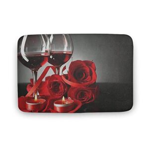 Coral Velvet Bath Rugs Non Slip Shower Mat for Bathroom Absorbent Kitchen Floor Carpet,1 PCS,Red Wine Glasses Red Rose Heart White 19.7x31.5 Inch