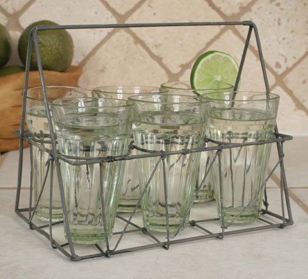 Rectangular Galvanized Wire Caddy with Six Glasses