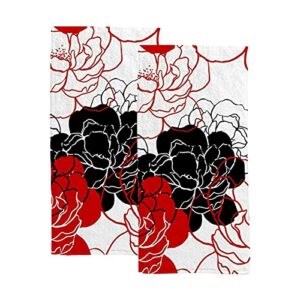 vantaso peonies flower black red hand towels set 2 for bathroom kitchen towels microfiber bath towel absorbent fingertip towel multiprupose for guest gym spa and bar 30 x 15 inch