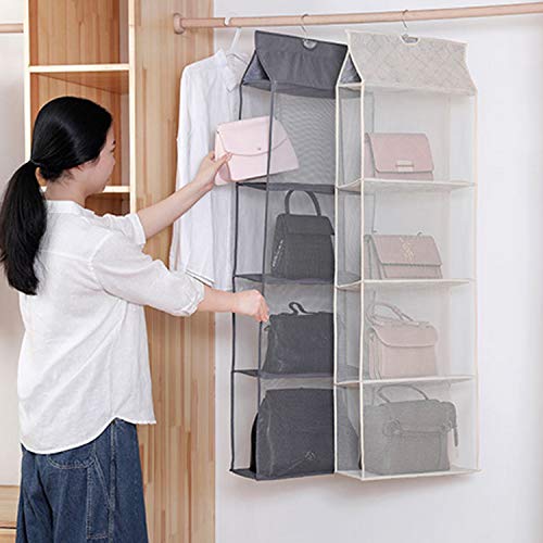 Ocean's Shop Hanging Handbag Organizer, Foldable Dust Cover Wardrobe Closet Organizer Hanging Purse Storage Holder for Space Saving (Grey, 4 Shelves)