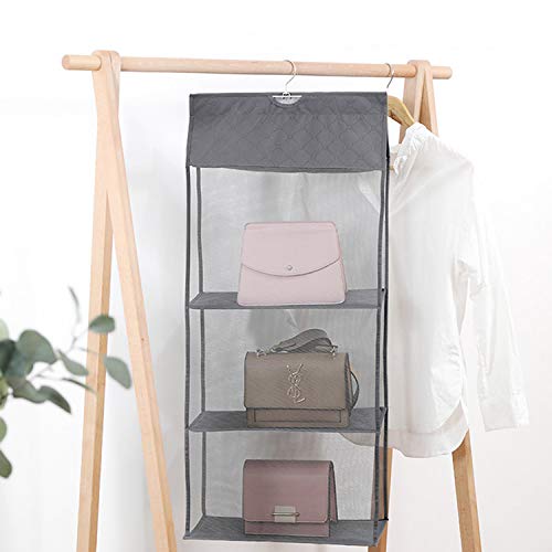 Ocean's Shop Hanging Handbag Organizer, Foldable Dust Cover Wardrobe Closet Organizer Hanging Purse Storage Holder for Space Saving (Grey, 4 Shelves)