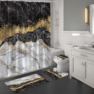 mitovilla 4 pcs black marble shower curtain sets with rugs, black grey gold bathroom sets with shower curtain and rugs and accessories, modern bathroom accessories decor with bath mats, gray