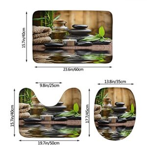 WONDERTIFY Zen Bathroom Antiskid Pad Basalt Stones Spa Oil Wood Green Bamboo Black Pebble 3 Pieces Bathroom Rugs Set, Bath Mat+Contour+Toilet Lid Cover