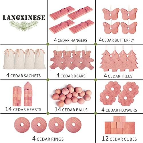 Langxinese Delux Value 72 Pk Cedar Blocks for Clothes Storage, Rings, Hangers, Trees, Bears Balls, Sachets, Loves, Cubes, Butterflies, Closets Essencials