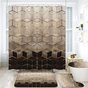 lqcool 4pcs brown gradient shower curtain set, modern geometric shower curtain set golden cubic lines bathroom set texture art bath accessories with mats