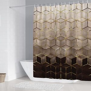 LQCOOL 4Pcs Brown Gradient Shower Curtain Set, Modern Geometric Shower Curtain Set Golden Cubic Lines Bathroom Set Texture Art Bath Accessories with Mats