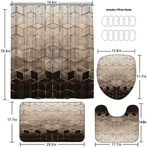 LQCOOL 4Pcs Brown Gradient Shower Curtain Set, Modern Geometric Shower Curtain Set Golden Cubic Lines Bathroom Set Texture Art Bath Accessories with Mats