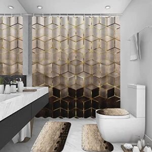 LQCOOL 4Pcs Brown Gradient Shower Curtain Set, Modern Geometric Shower Curtain Set Golden Cubic Lines Bathroom Set Texture Art Bath Accessories with Mats