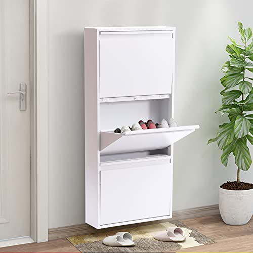 DYRABREST Shoe Storage Cabinet - Wall Mounted & No-Assembly Metal Shoe Organizer Cabinet for Entryway, Hallway, and Corridor,Tipping Bucket Shoe Cabinets with 3 Flip Drawers,Holds 9 Pair Shoes, White