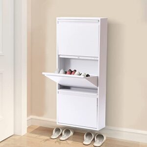 DYRABREST Shoe Storage Cabinet - Wall Mounted & No-Assembly Metal Shoe Organizer Cabinet for Entryway, Hallway, and Corridor,Tipping Bucket Shoe Cabinets with 3 Flip Drawers,Holds 9 Pair Shoes, White