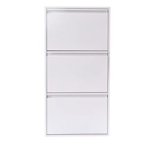 DYRABREST Shoe Storage Cabinet - Wall Mounted & No-Assembly Metal Shoe Organizer Cabinet for Entryway, Hallway, and Corridor,Tipping Bucket Shoe Cabinets with 3 Flip Drawers,Holds 9 Pair Shoes, White