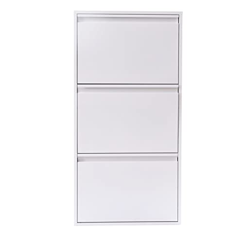 DYRABREST Shoe Storage Cabinet - Wall Mounted & No-Assembly Metal Shoe Organizer Cabinet for Entryway, Hallway, and Corridor,Tipping Bucket Shoe Cabinets with 3 Flip Drawers,Holds 9 Pair Shoes, White