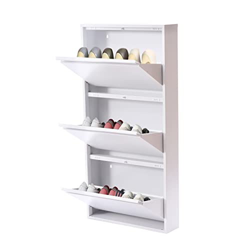 DYRABREST Shoe Storage Cabinet - Wall Mounted & No-Assembly Metal Shoe Organizer Cabinet for Entryway, Hallway, and Corridor,Tipping Bucket Shoe Cabinets with 3 Flip Drawers,Holds 9 Pair Shoes, White