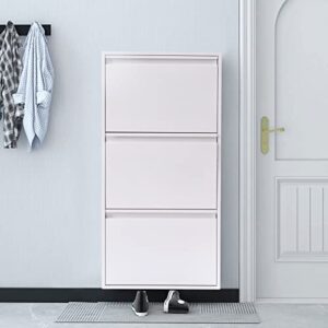 DYRABREST Shoe Storage Cabinet - Wall Mounted & No-Assembly Metal Shoe Organizer Cabinet for Entryway, Hallway, and Corridor,Tipping Bucket Shoe Cabinets with 3 Flip Drawers,Holds 9 Pair Shoes, White