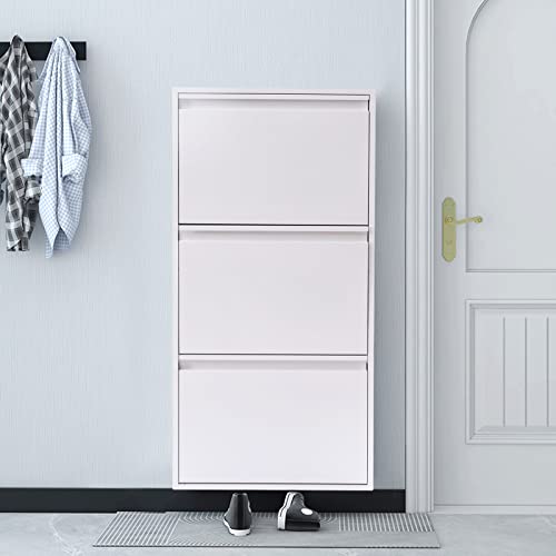 DYRABREST Shoe Storage Cabinet - Wall Mounted & No-Assembly Metal Shoe Organizer Cabinet for Entryway, Hallway, and Corridor,Tipping Bucket Shoe Cabinets with 3 Flip Drawers,Holds 9 Pair Shoes, White